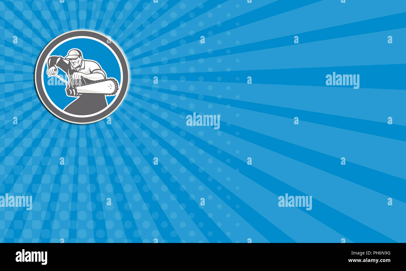 Arborist Revving Up Chainsaw Retro Business card Stock Photo - Alamy