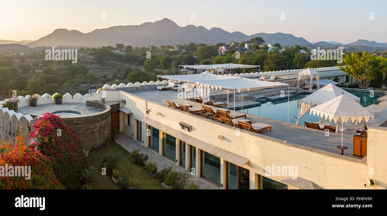 Outdoor hot tub and pool area of the RAAS Devigarh boutique hotel, near ...