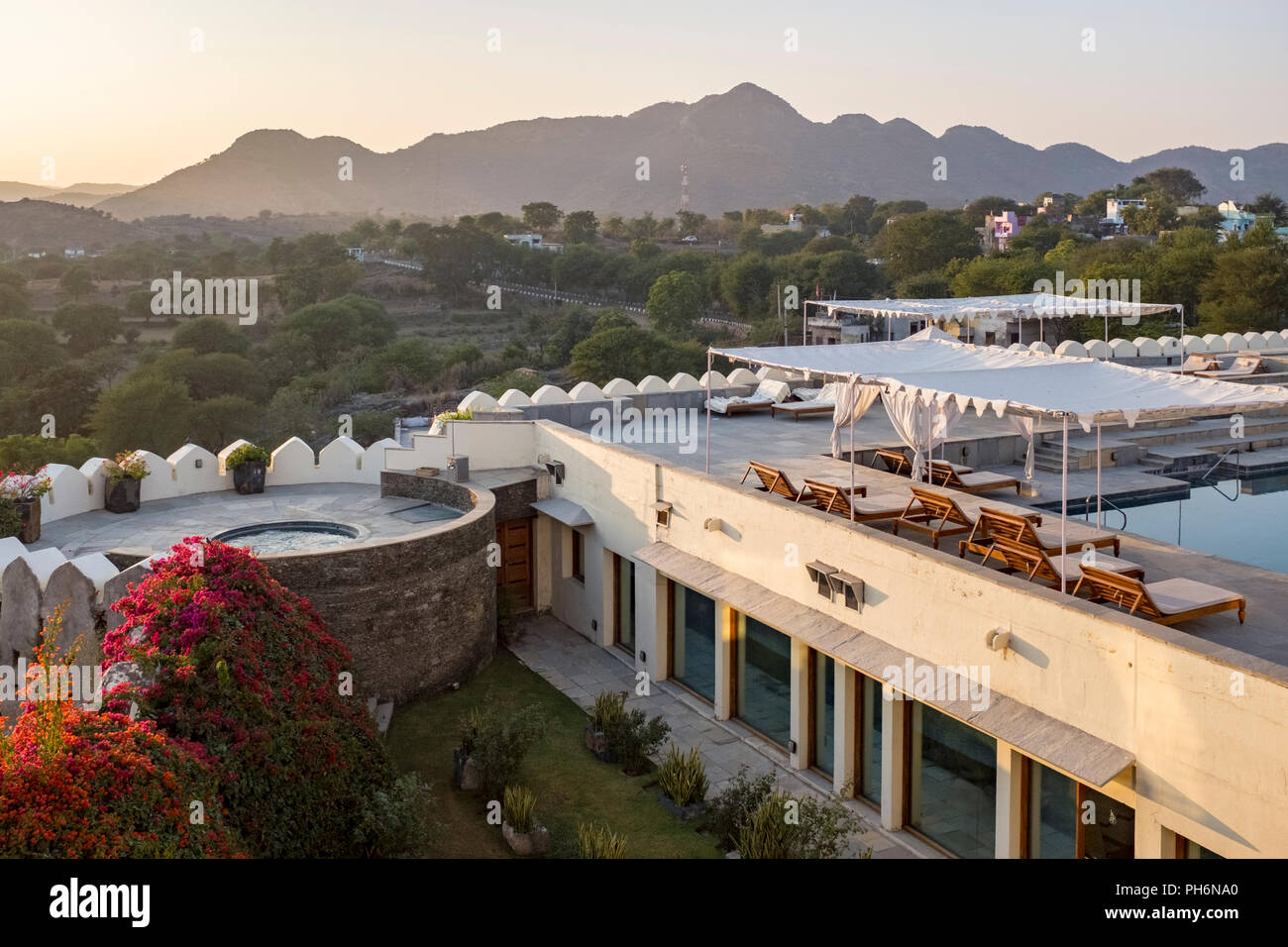 Outdoor hot tub and pool area of the RAAS Devigarh boutique hotel, near ...