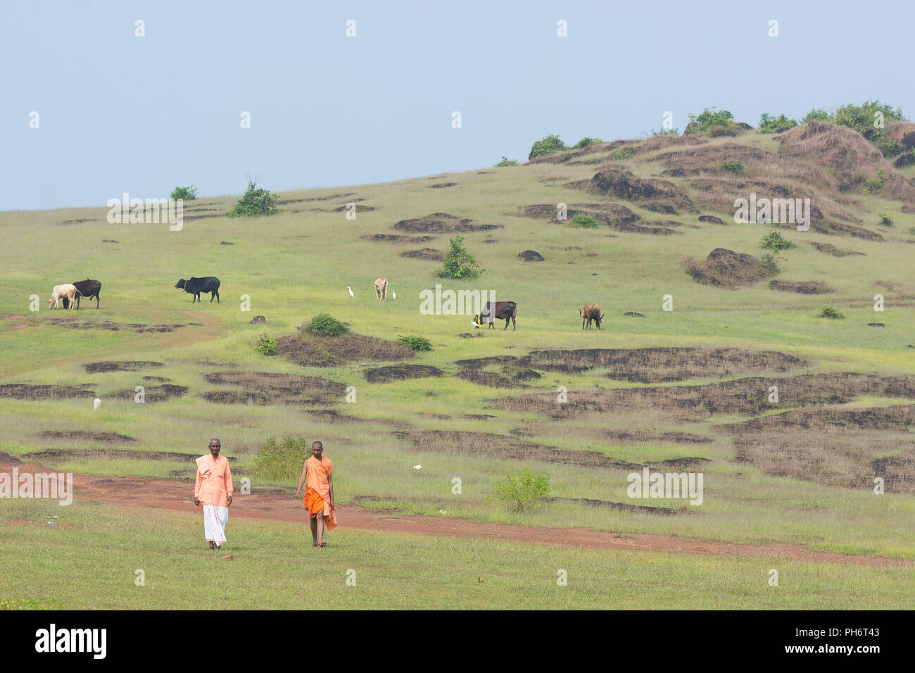 Goa, India - July 8, 2018 - Two hinduist priests walking through hills ...
