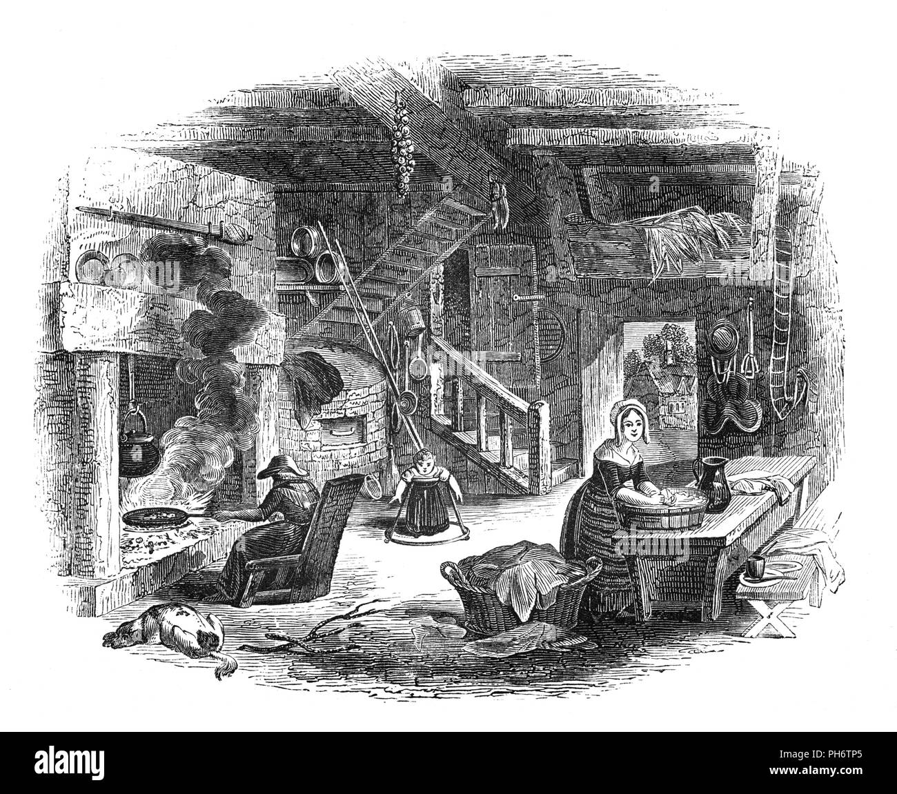 The interior of an old English, 16th Century Tudor, half-timbered (also ...