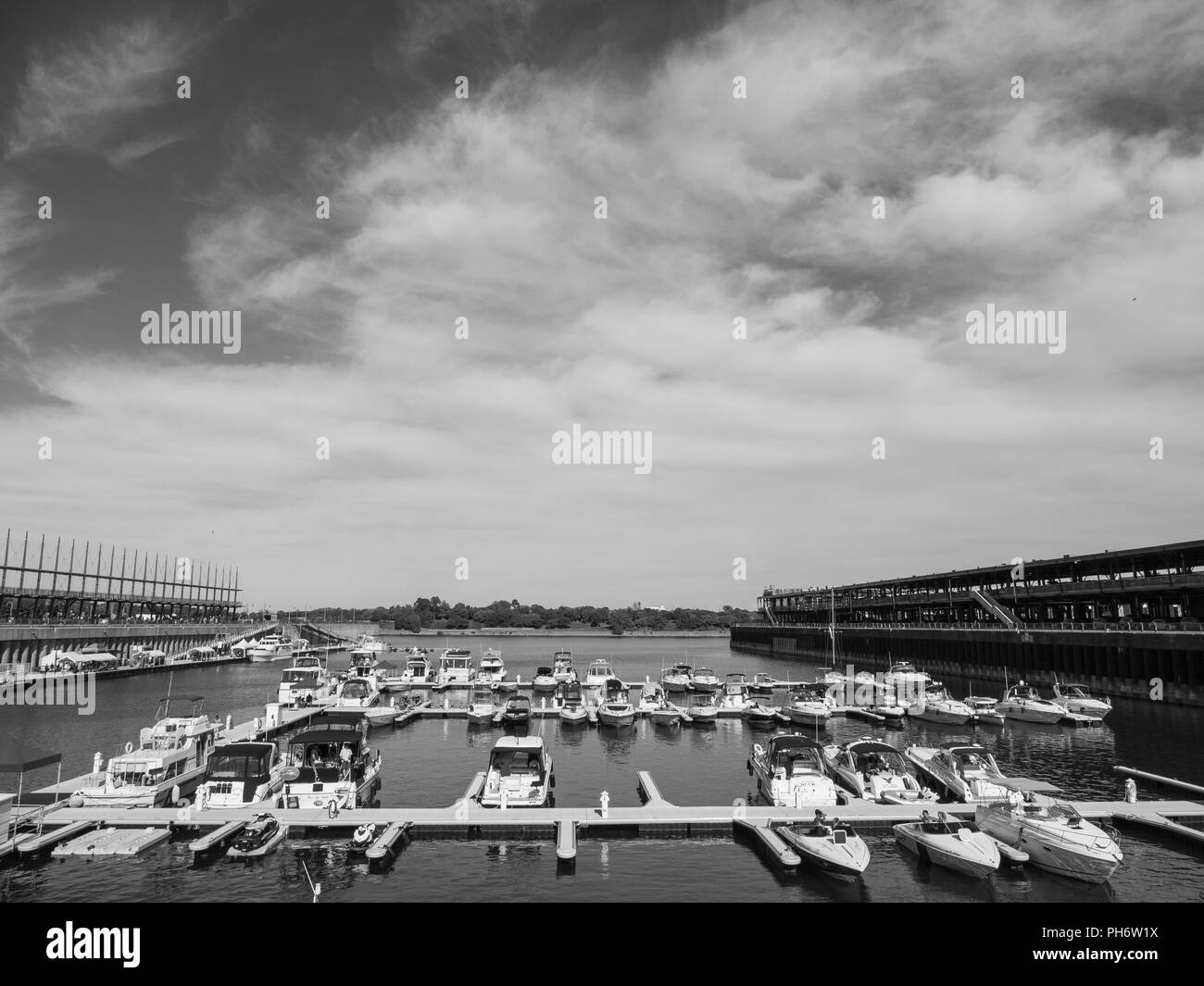old-port of Montreal Vieux-Port de Montréal dock, docks, B&W, boats ...