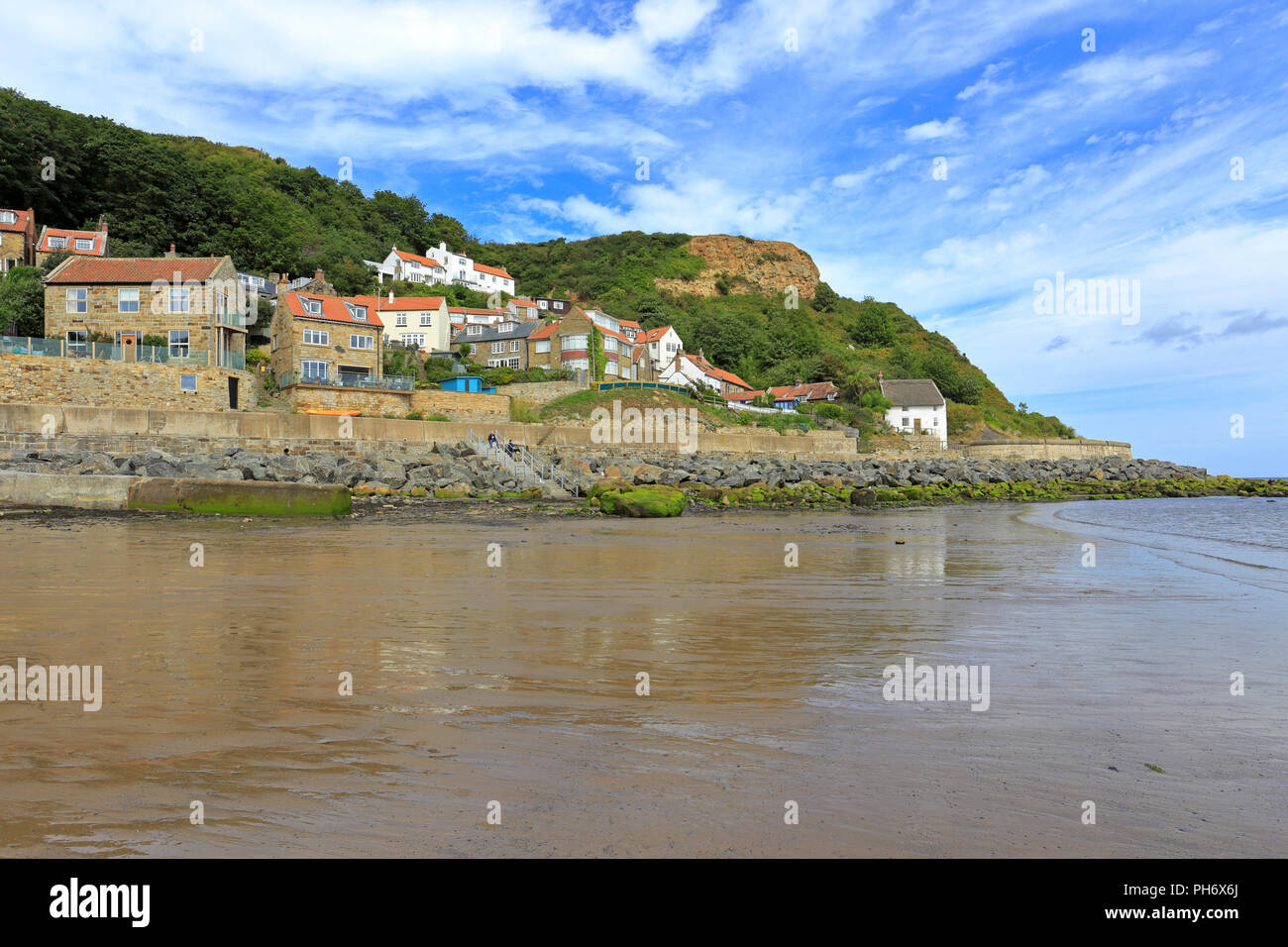 Runswick Bay and the whitewashed thatched cottage, North Yorkshire ...