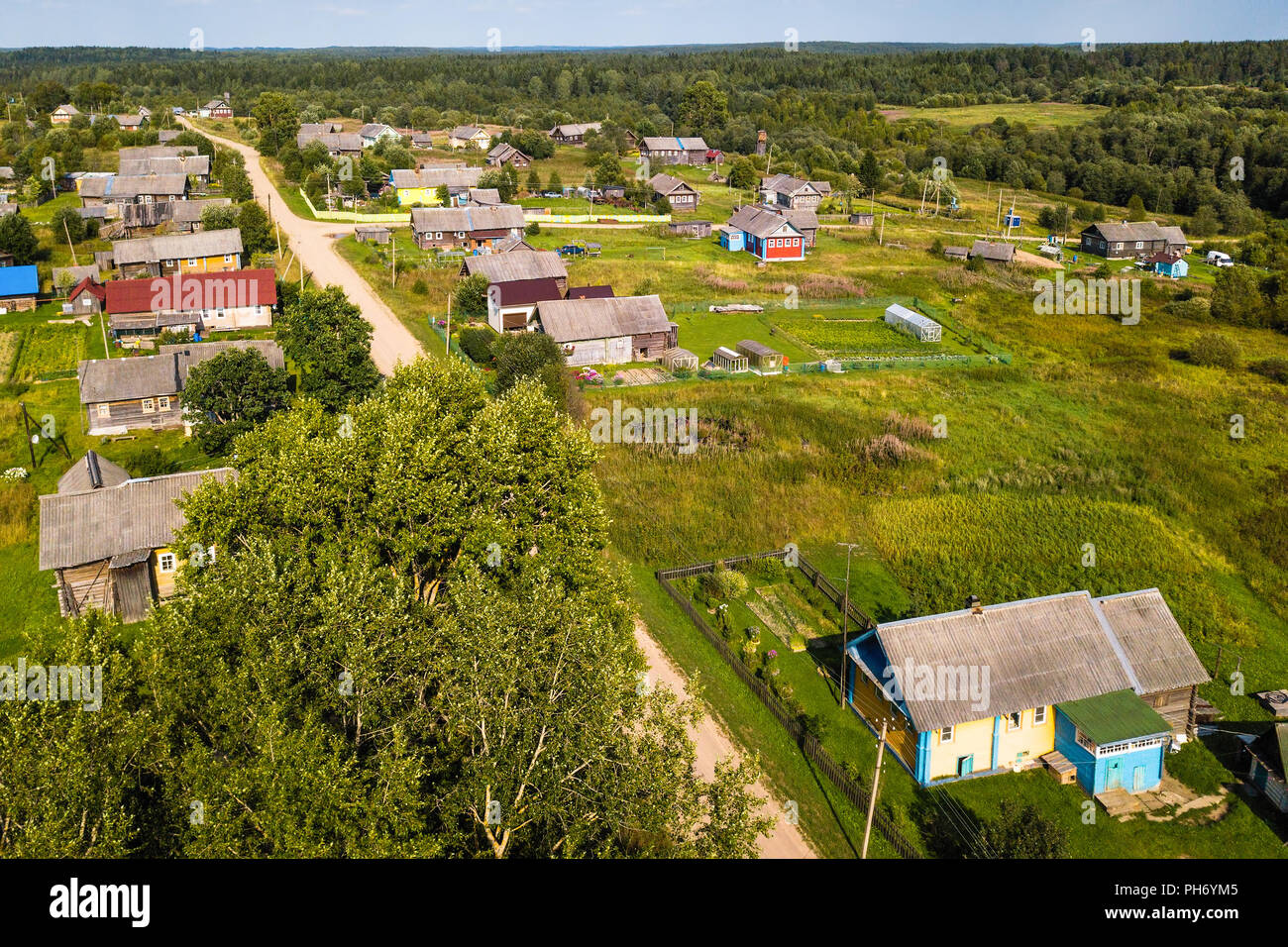 Bird's eye view of Ladva village, green fields and Vepsian forest ...