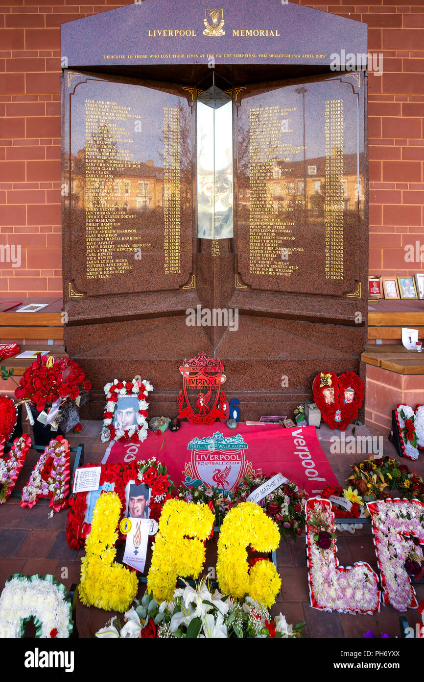 LIVERPOOL, UK - MAY 17 2018: Hillsborough memorial for the 96 victims ...