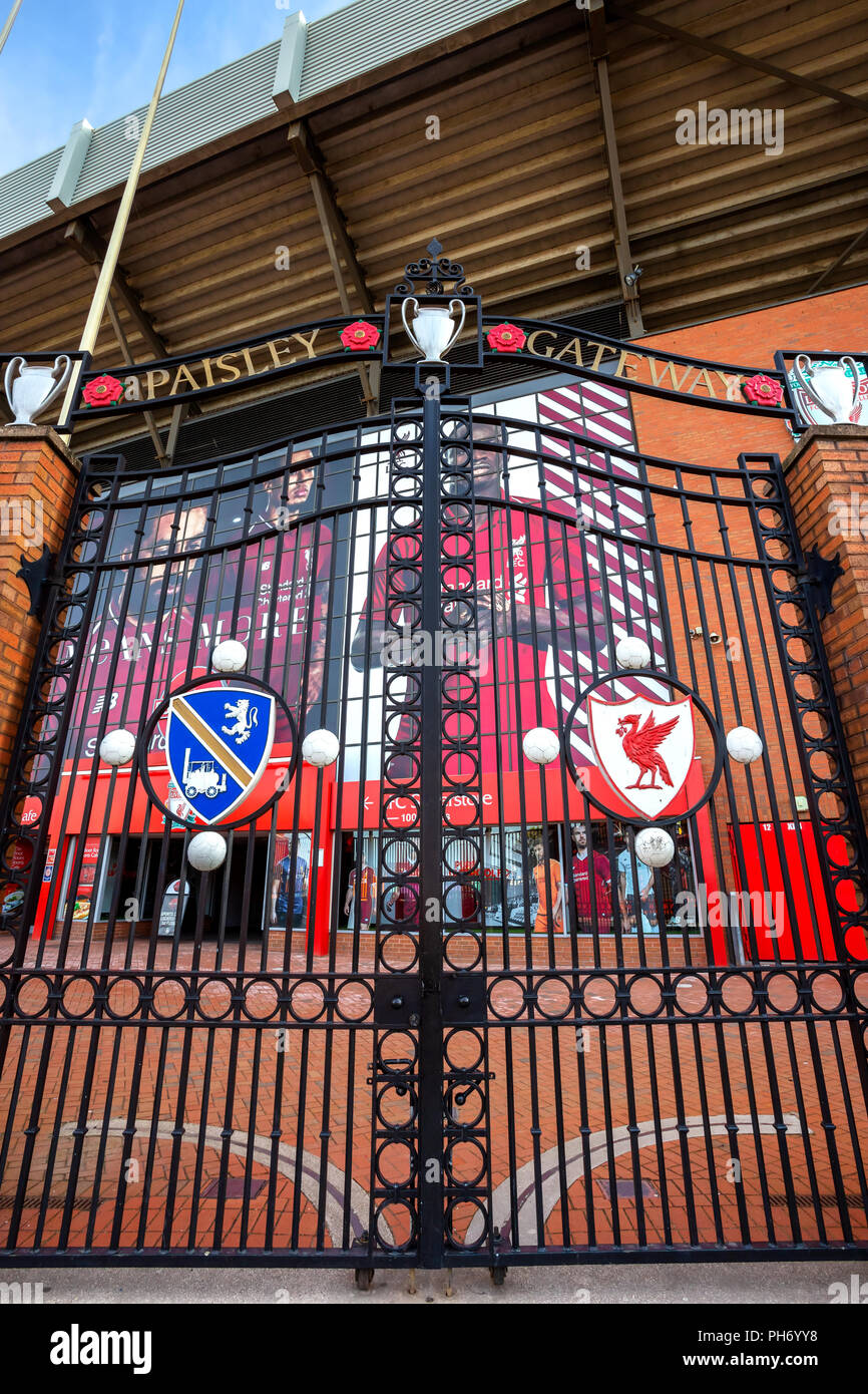 LIVERPOOL, UK - MAY 17 2018: The Paisley Gateway in front of Anfield ...