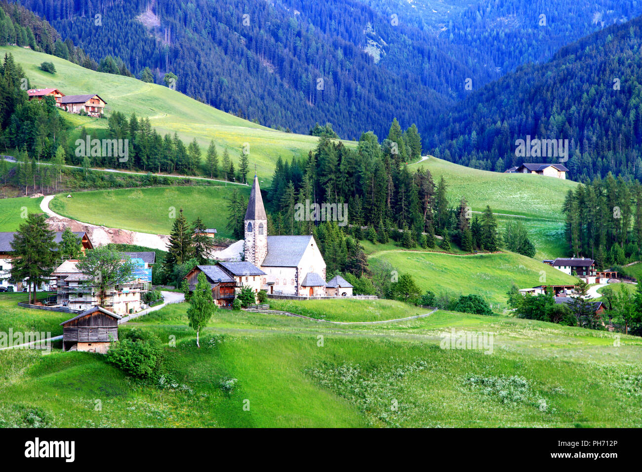 The Odle mountain peaks are the symbols of the Val di Funes, Italy ...