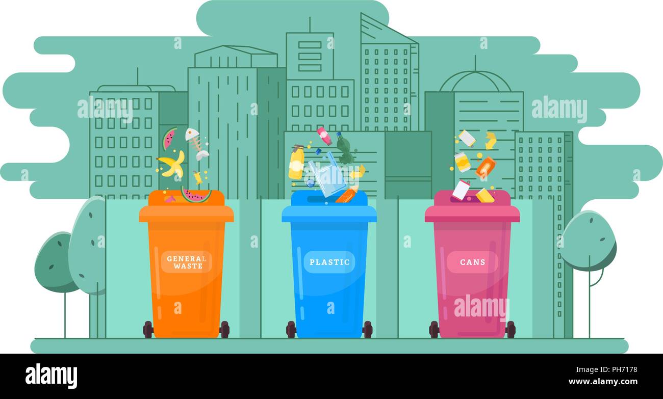 Ecologic concept - trash sorting into the multic-colored containers ...