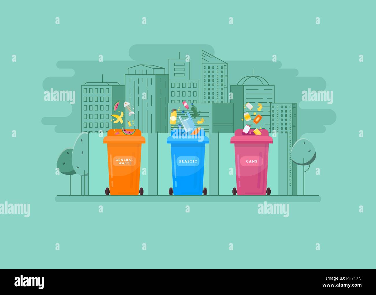 Ecologic concept - trash sorting into the multic-colored containers ...
