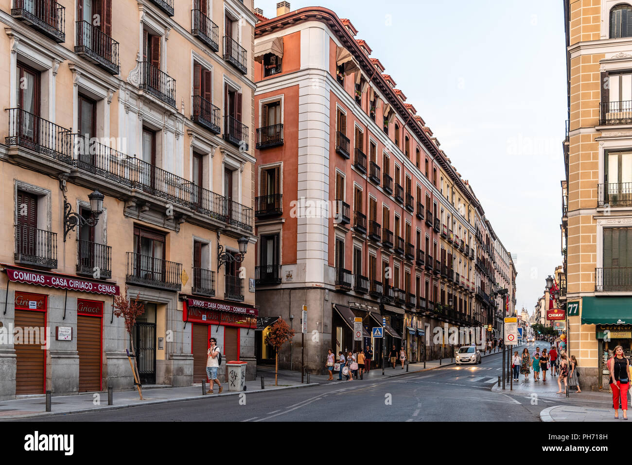Madrid, Spain - August 25, 2018: Mayor Street in historic city centre ...