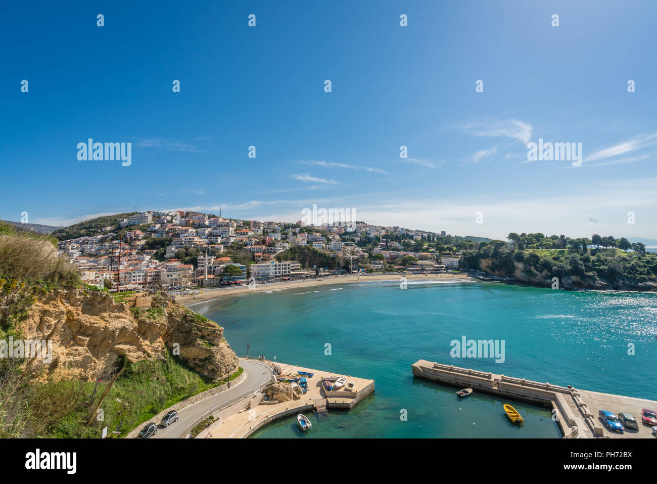 Ulcinj, Montenegro - April 2018 : View of the beach, bay and hillside ...