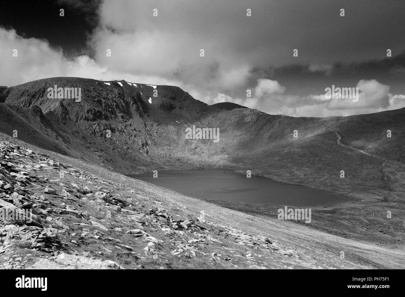Spring view over Red tarn, Swirral Edge and Helvellyn fell, Lake ...