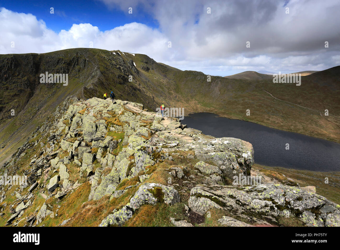 Walkers on Striding Edge ridge on the way to Helvellyn fell, Lake ...