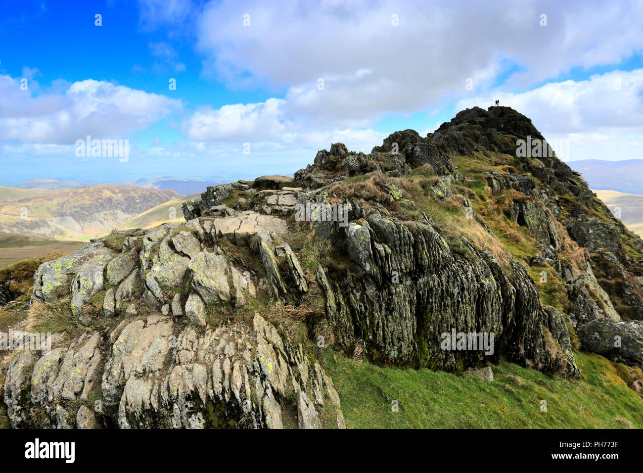 Walkers on Striding Edge ridge on the way to Helvellyn fell, Lake ...