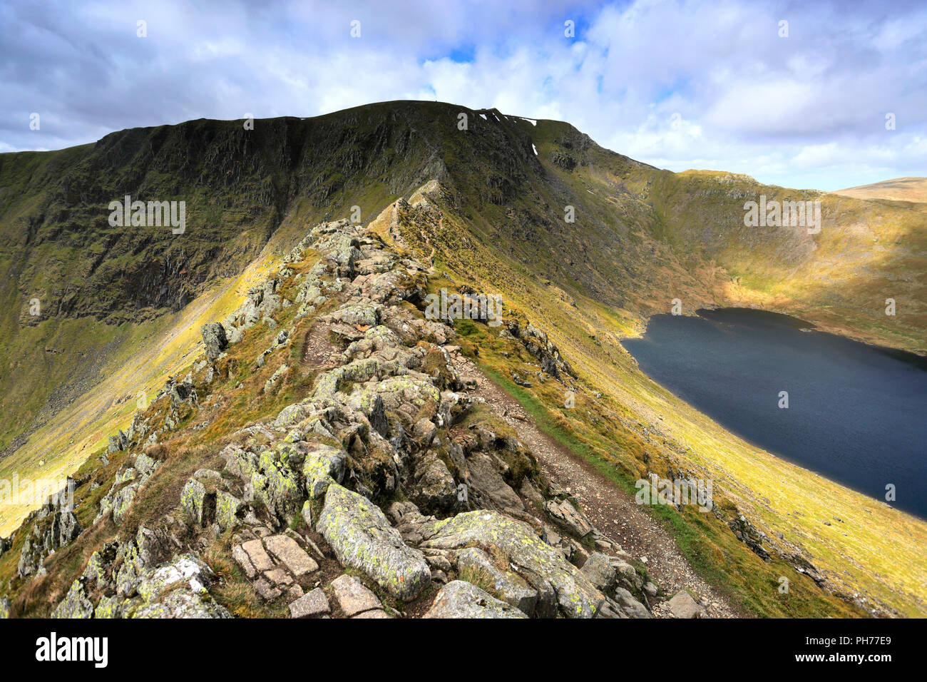 Striding Edge ridge on the way to Helvellyn fell, Lake District ...