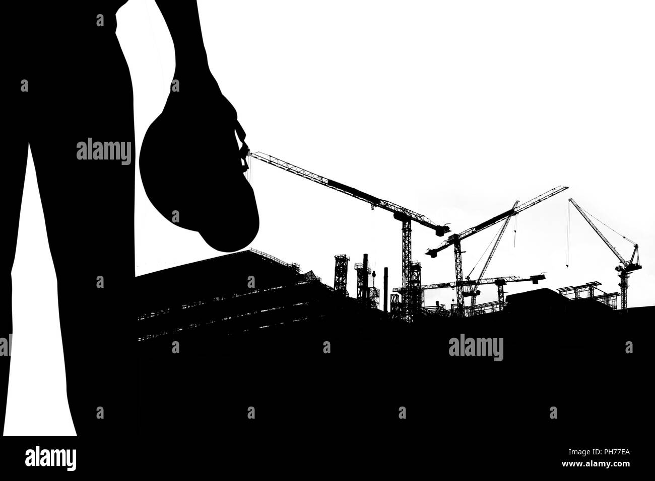 Silhouette engineer with building construction background on white and ...