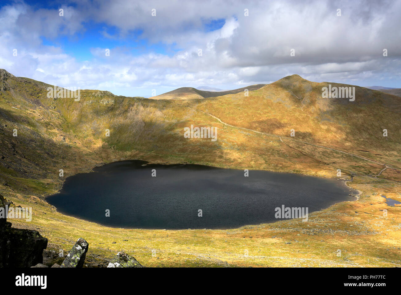 Spring view over Red tarn, Swirral Edge and Helvellyn fell, Lake ...