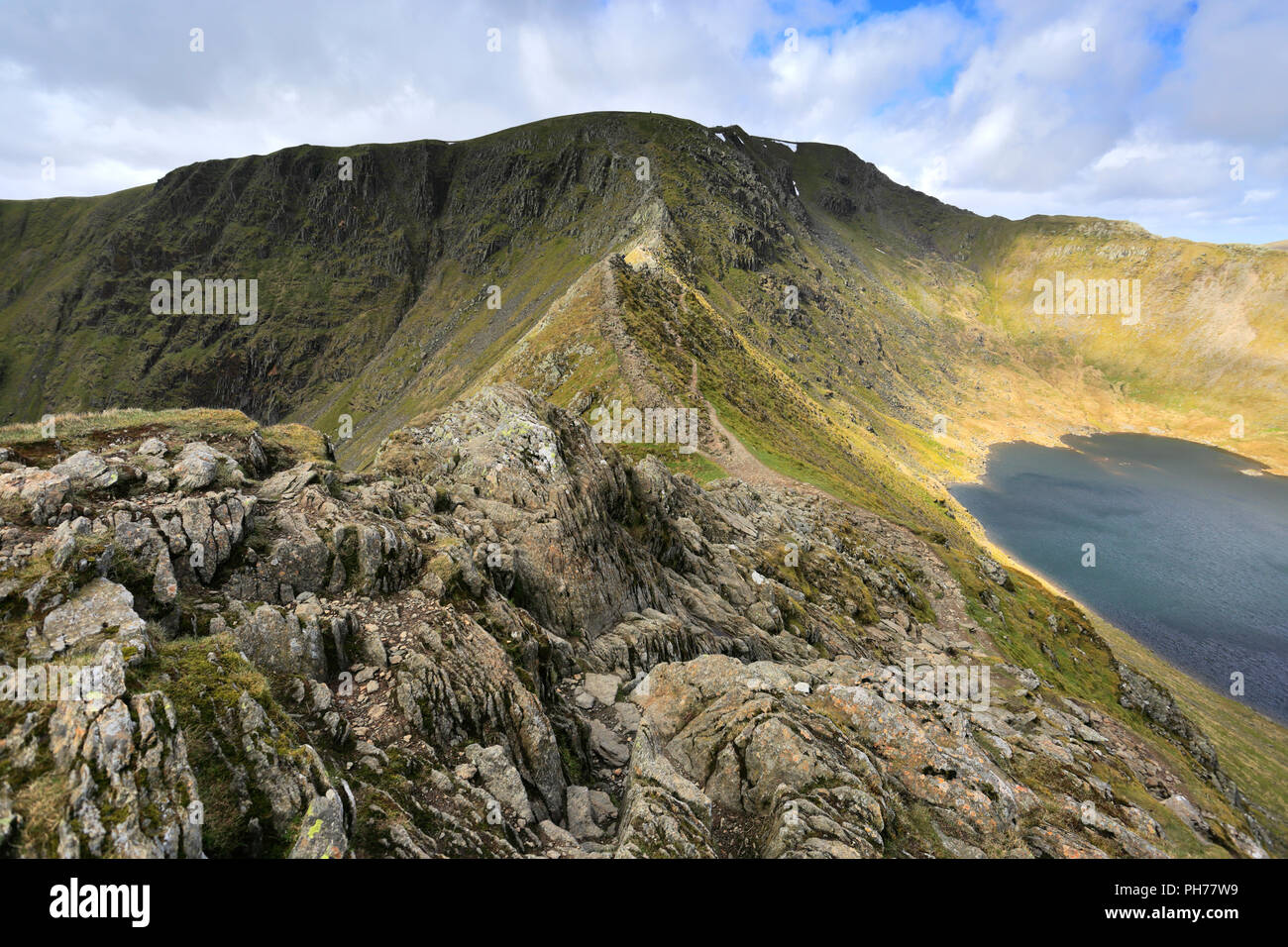 Striding Edge ridge on the way to Helvellyn fell, Lake District ...