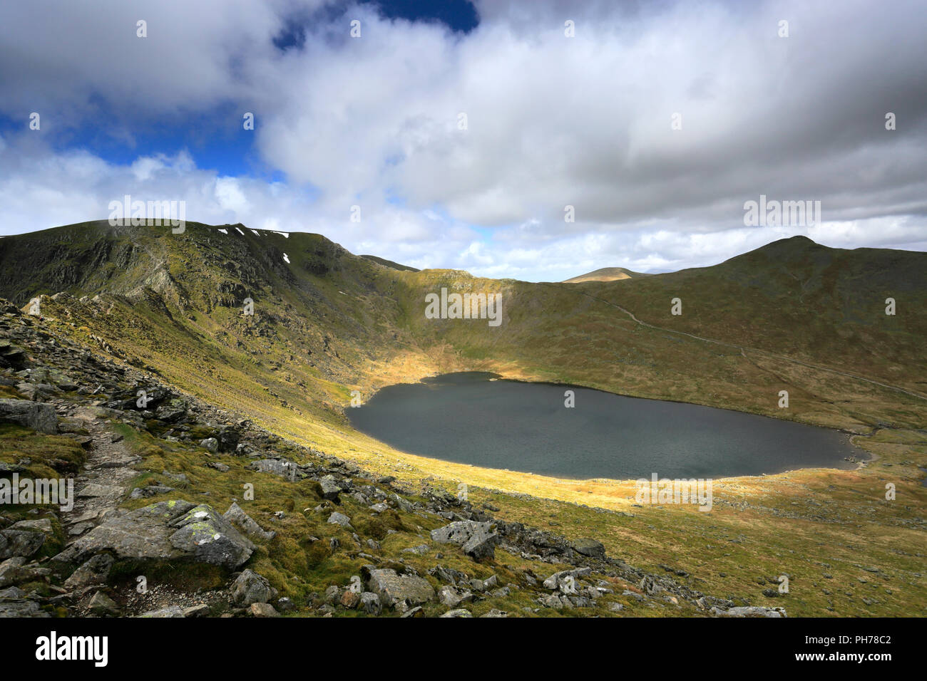 Spring view over Red tarn, Swirral Edge and Helvellyn fell, Lake ...