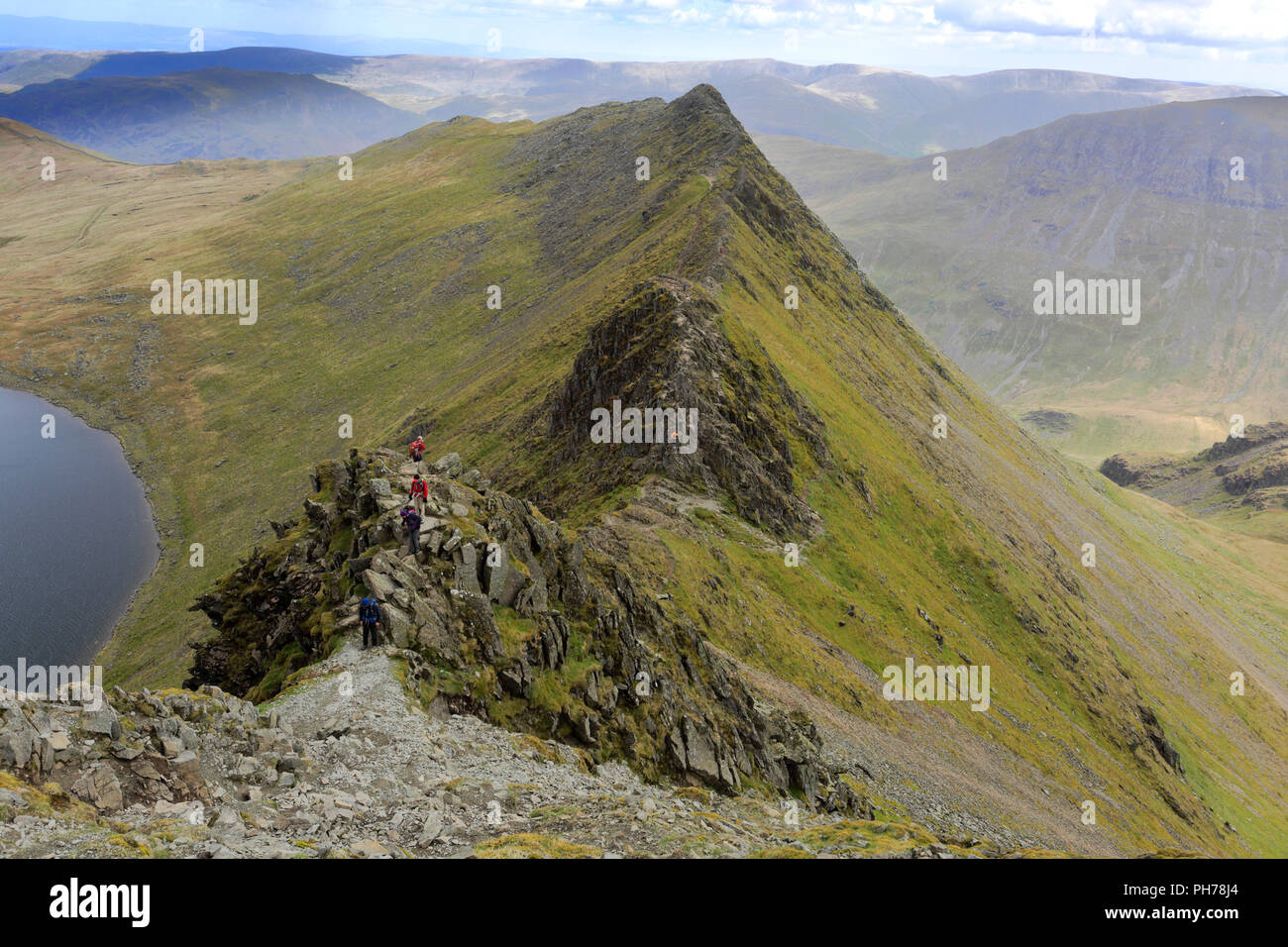 Walkers on Striding Edge ridge on the way to Helvellyn fell, Lake ...
