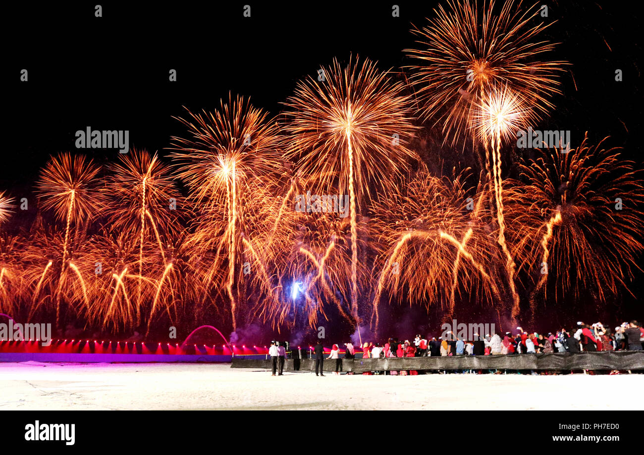 Male, Maldives. 30th Aug, 2018. Fireworks brighten the sky over the ...