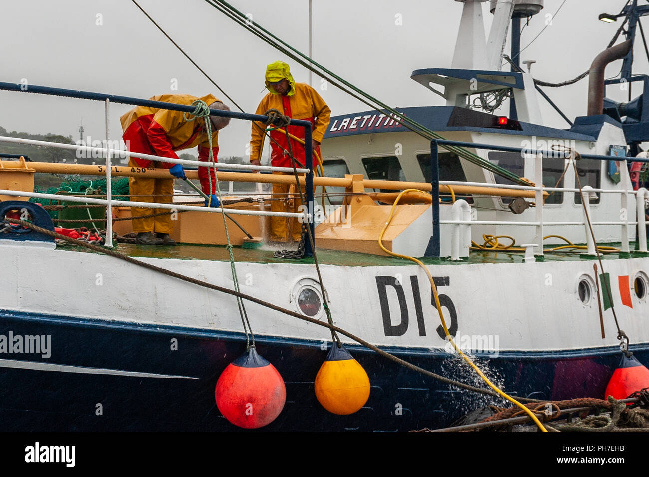 Schull Harbour, West Cork, Ireland. 31st Aug, 2018. Fishermen clean ...