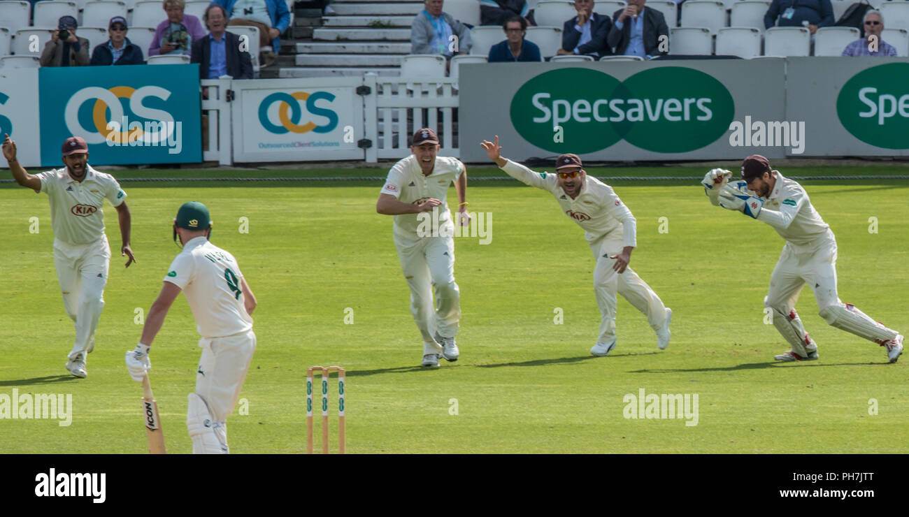 London, UK. 31 August 2018. Riki Wessels edges to Ben Foakes and Conor ...