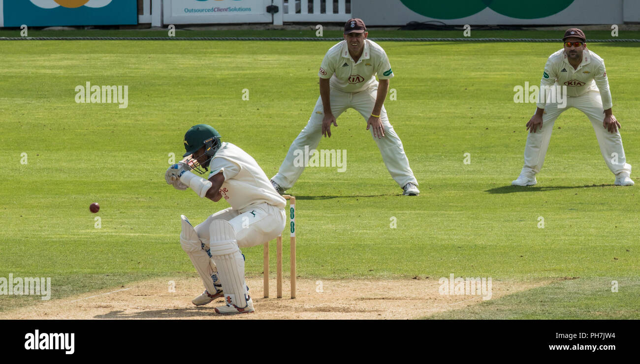 London, UK. 31 August 2018. Kraigg Brathwaite ducks into one from Conor ...