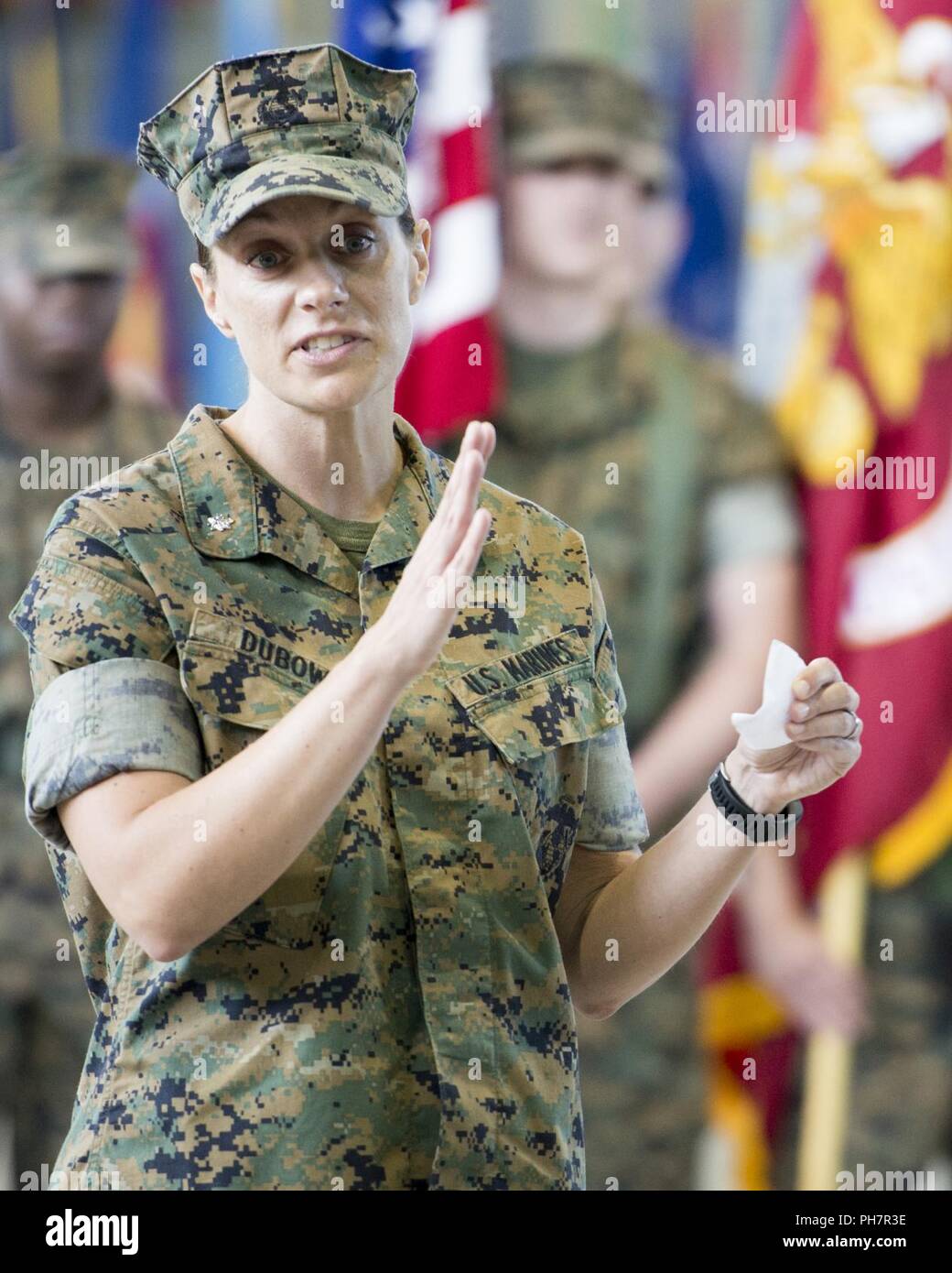 Incoming commander Lieutenant Colonel Sharon Dubow delivers remarks ...