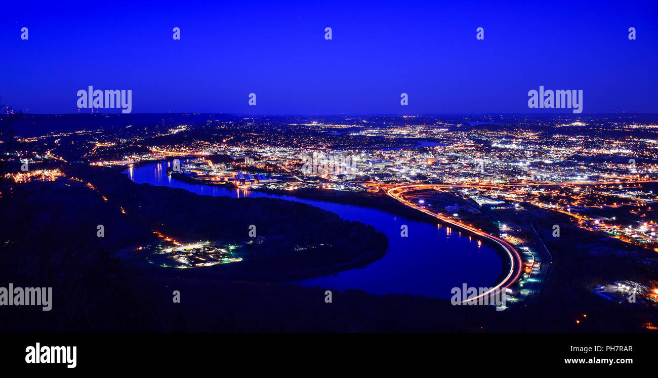 Drone Aerial of Downtown Chattanooga Tennessee TN skyline from Point ...