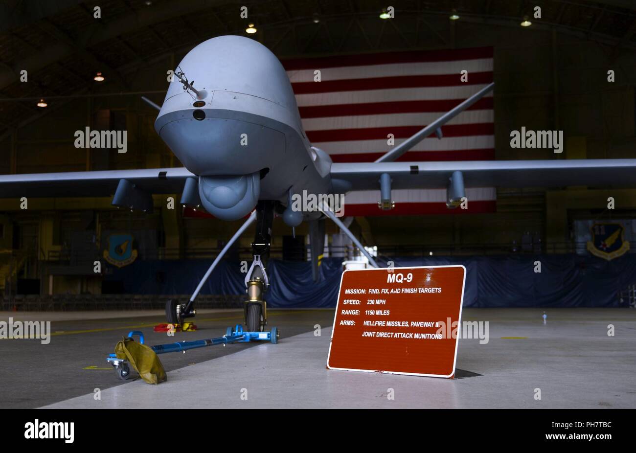 The MQ-9 Reaper waits in a hangar for the 2018 Arctic Thunder Open ...