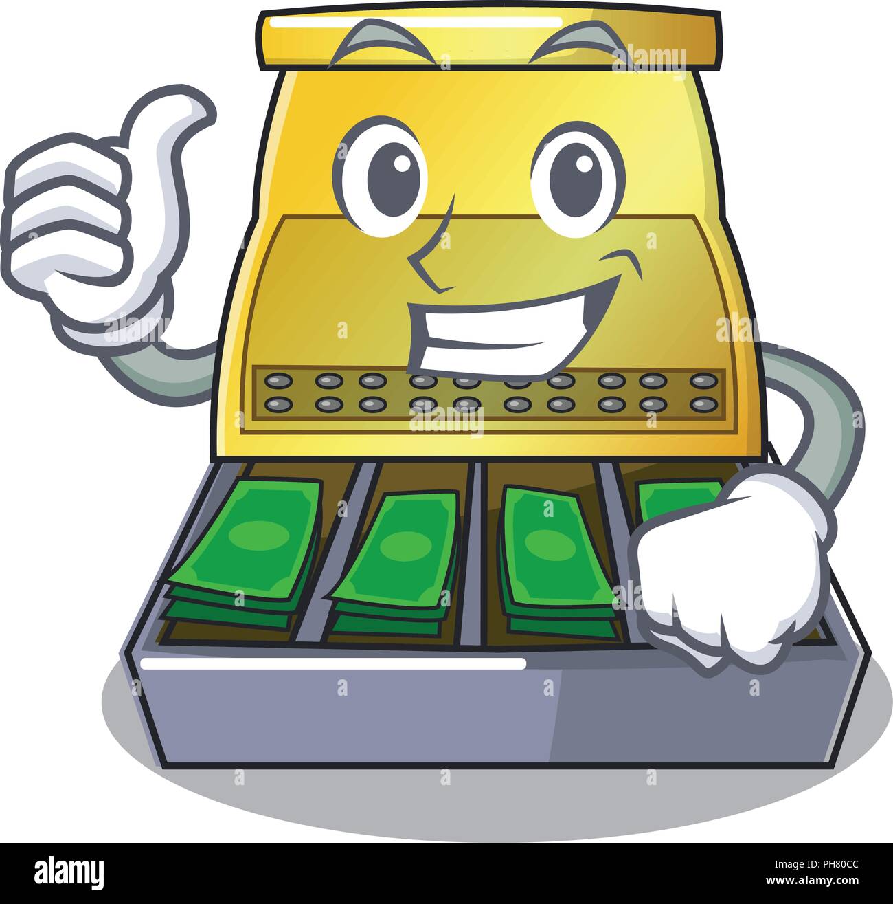 Thumbs up cartoon vintage cash register front view vector illustration ...