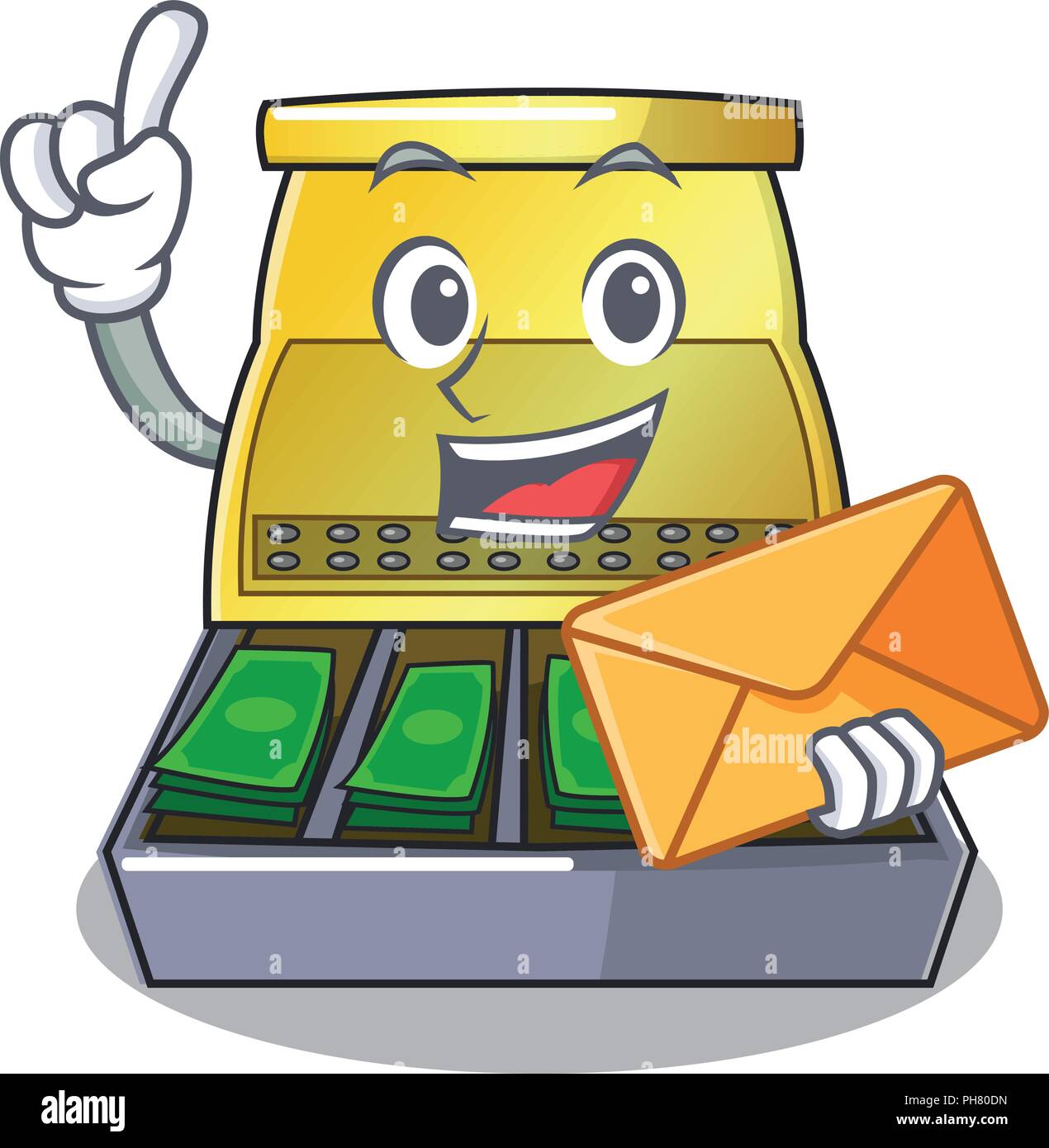 With envelope cartoon vintage cash register front view vector ...