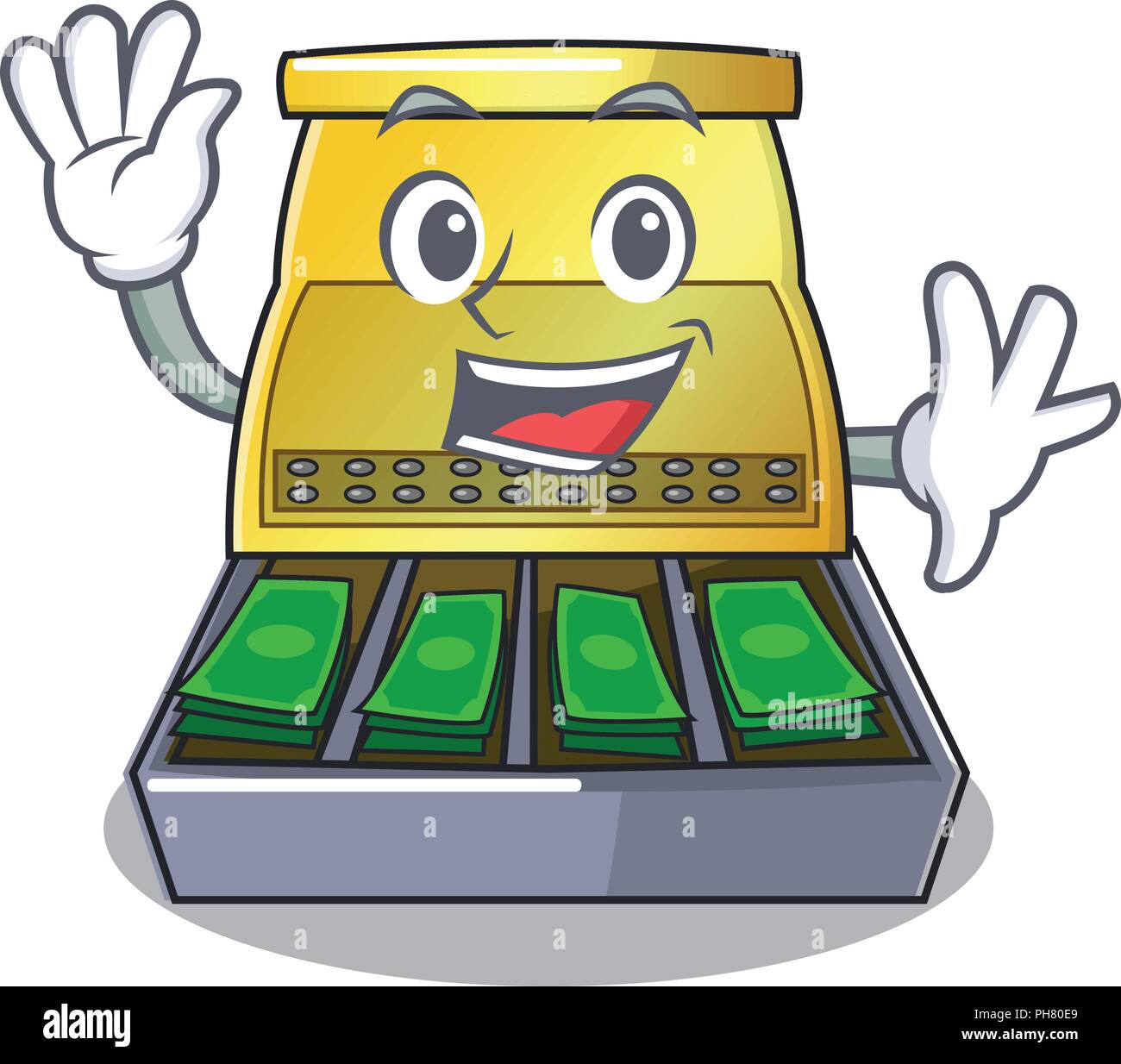 Waving cartoon vintage cash register front view vector illustration ...
