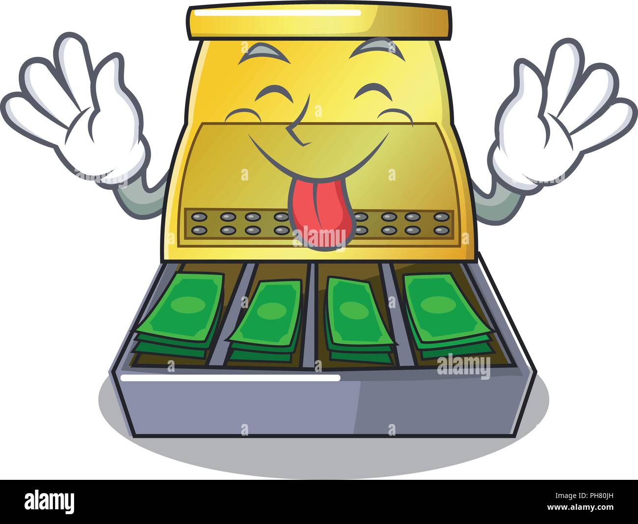 Tongue out cartoon cash register with a money drawer vector ...