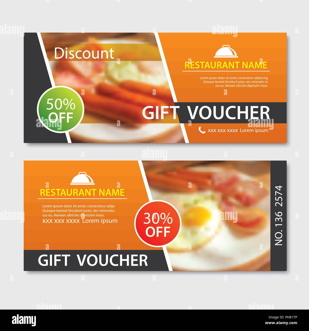 Discount voucher breakfast template design. Set of fried egg, bacon ...