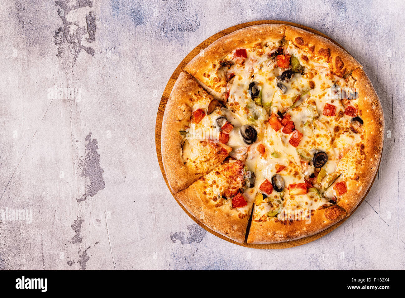 Vegetarian pizza with mushrooms, vegetables, cheese, top view Stock ...