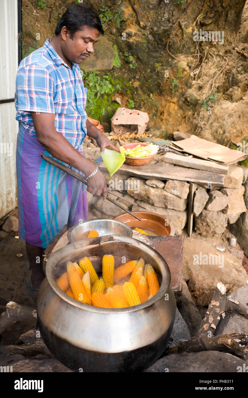 Vertical portrait of a man selling corn-on-the-cob from the roadside in ...