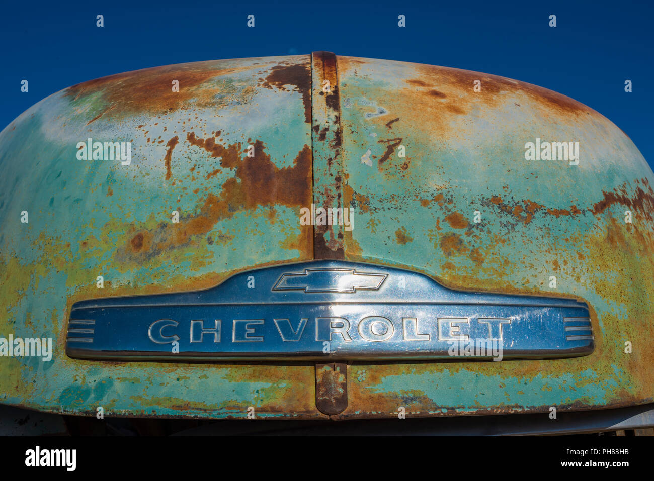 Vintage car, detail, rusty bonnet of a 1951 Chevrolet 3100 Pick Up ...