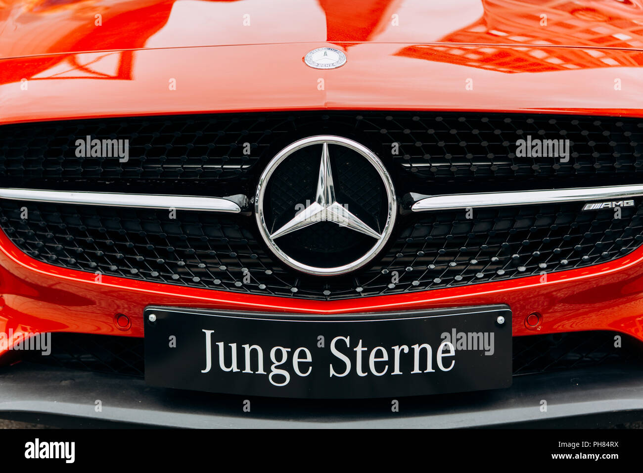 Berlin, August 29, 2018: A close-up of the Mercedes Benz sign on the ...