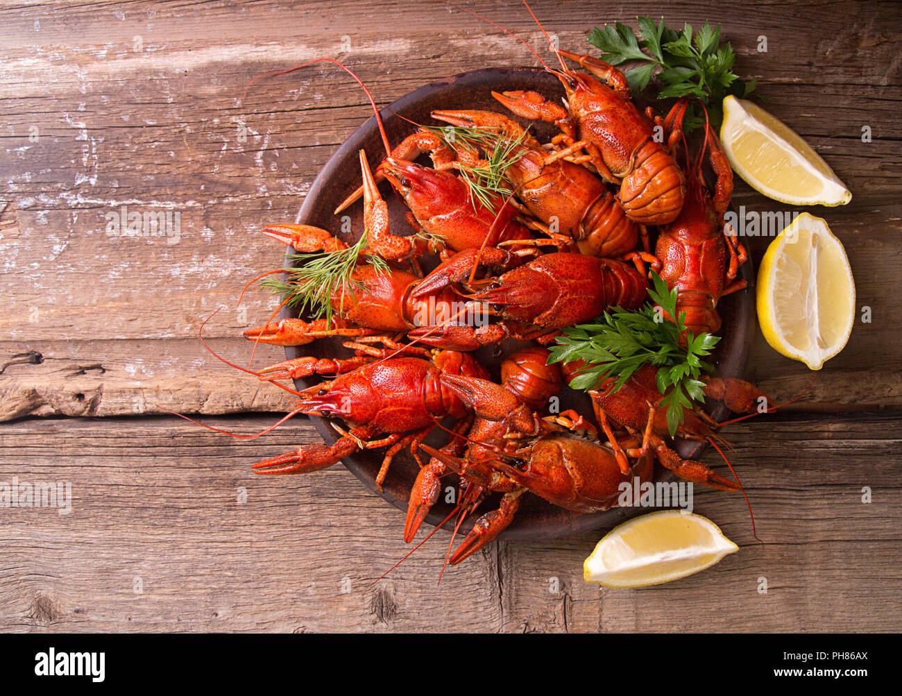 Beer party. Still life with crayfish crawfish on old wooden rustic ...