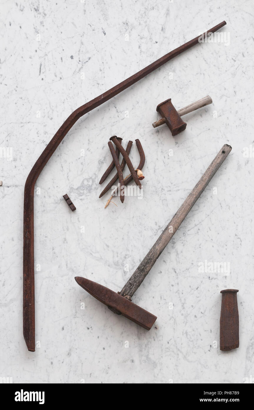 Ancient work tools for the extraction of white Carrara marble Stock ...