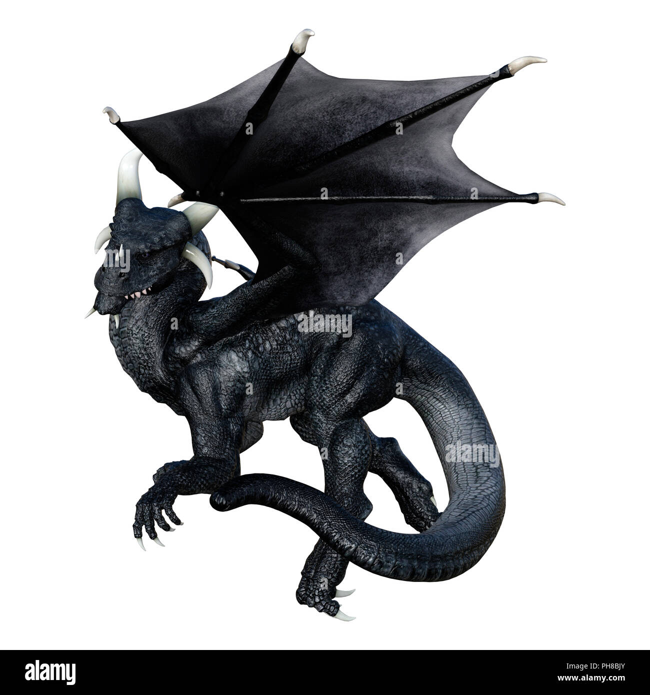 3D rendering of a black fairy tale dragon isolated on white background ...