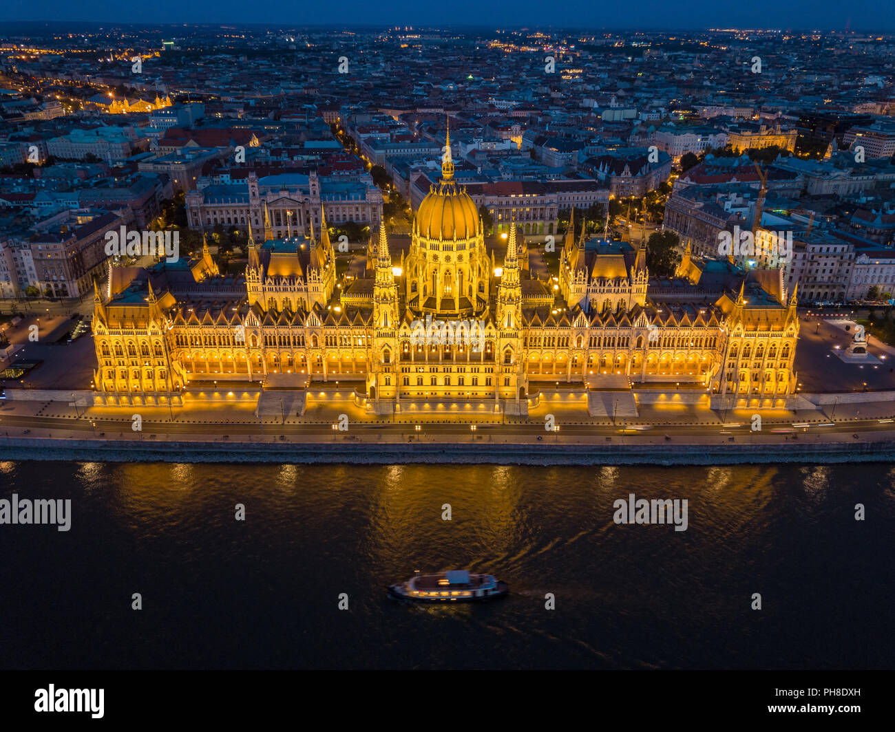 Budapest, Hungary - Aerial blue hour view of the illuminated Parliament ...
