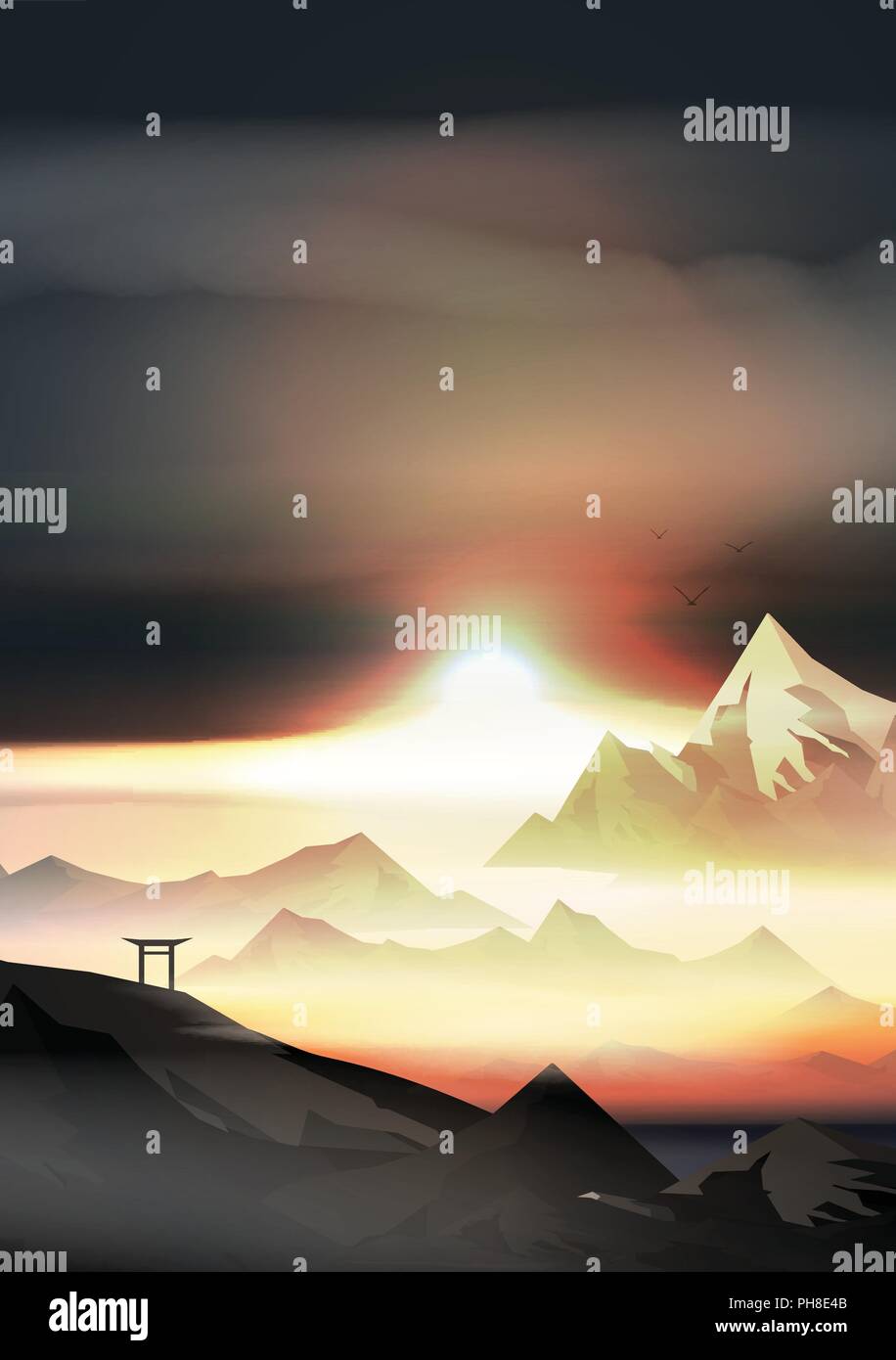 Japanese Landscape Background with Mountains and Arch Sunset with Fog ...