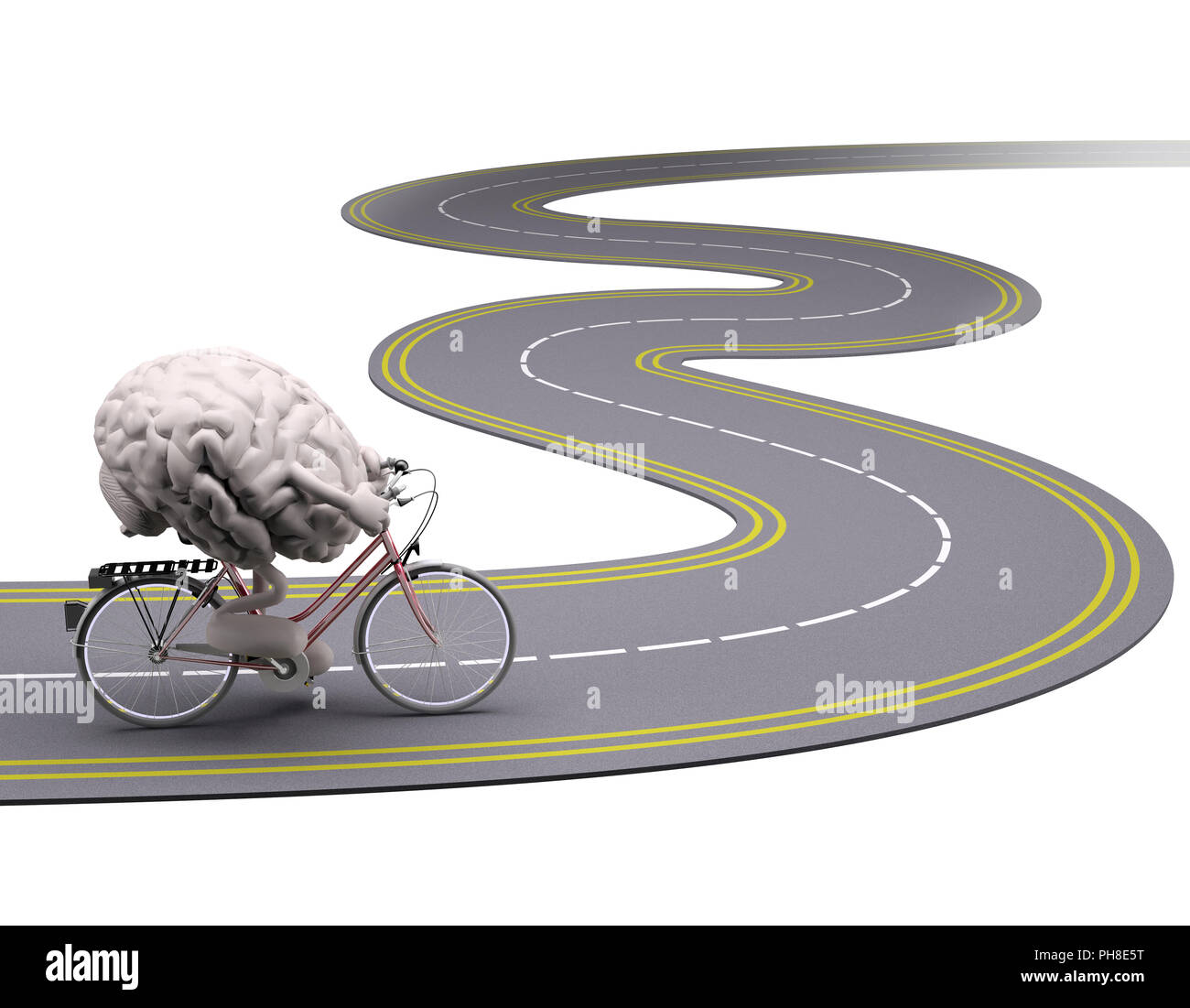 human brain with arms and legs on bicycle on the road, 3d illustration ...
