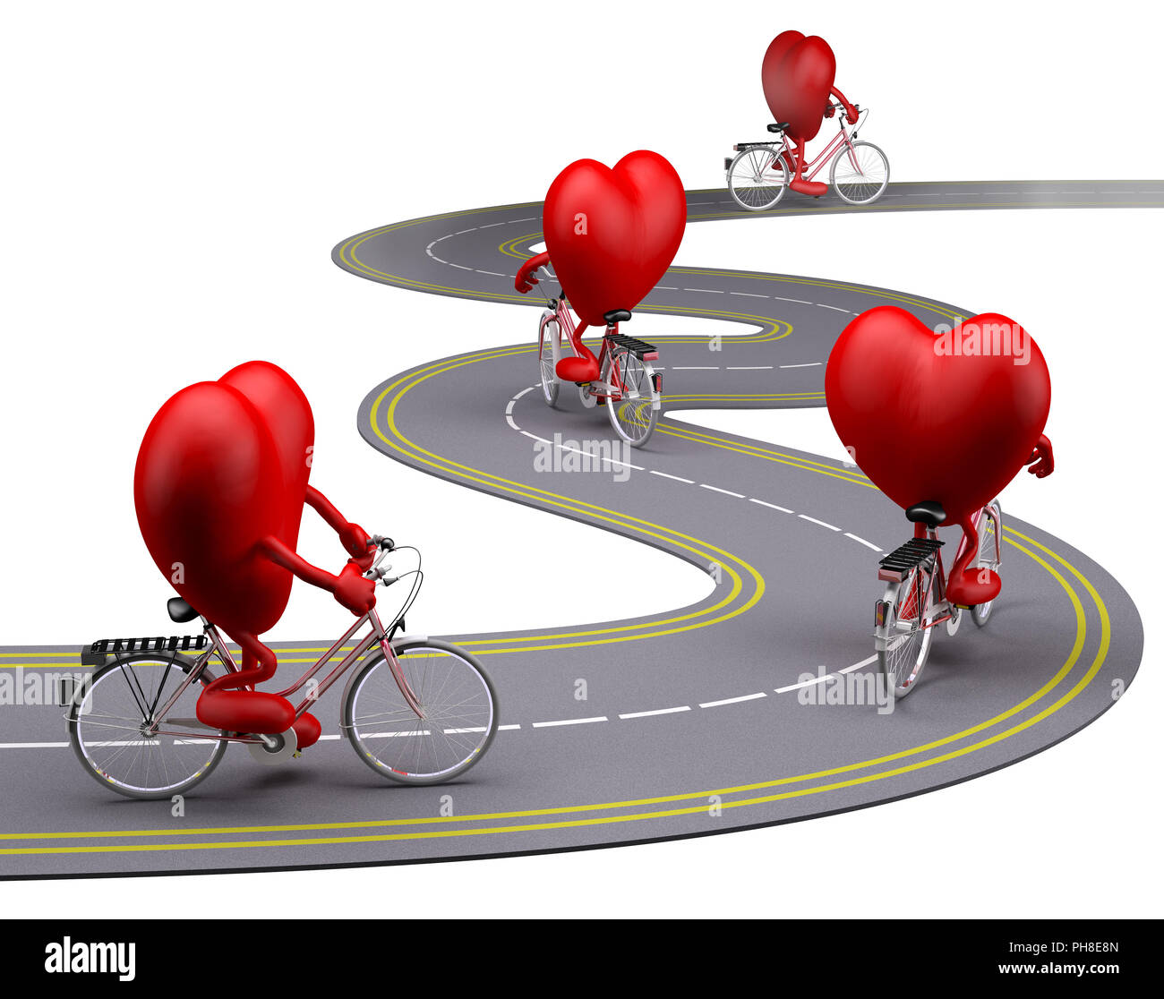 hearts with arms and legs on bicycle on the road, 3d illustration Stock ...