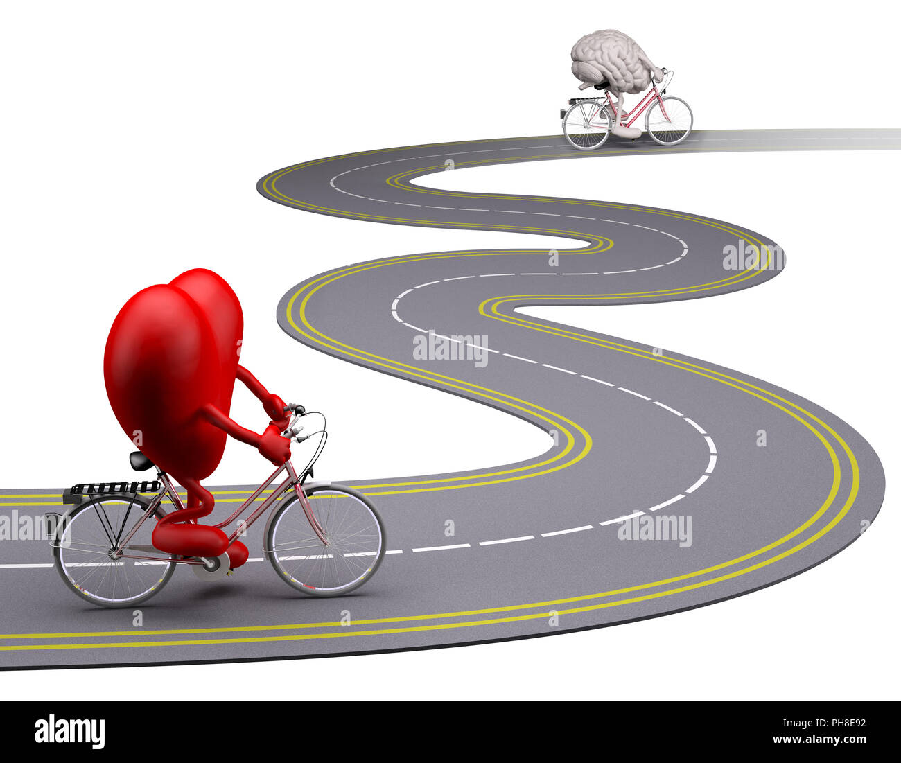 heart an brain with arms and legs on bicycle on the road that follow ...