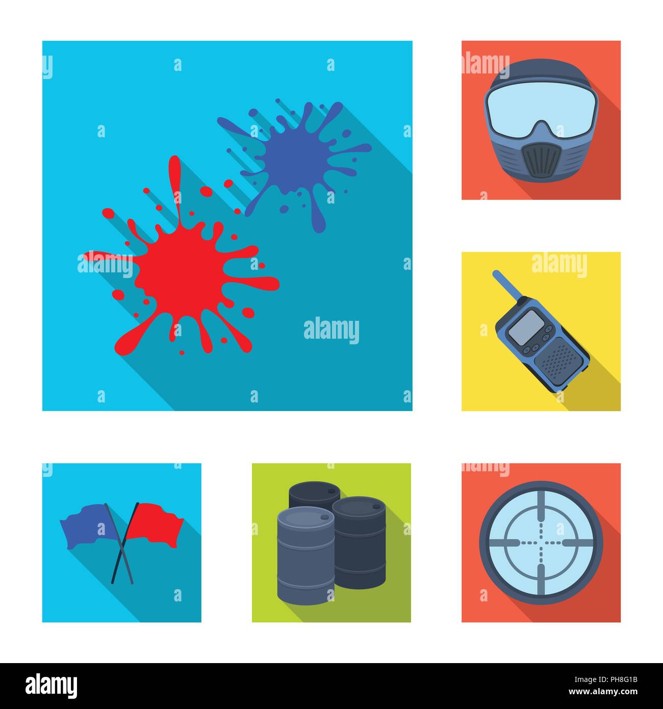 Paintball, team game flat icons in set collection for design. Equipment ...