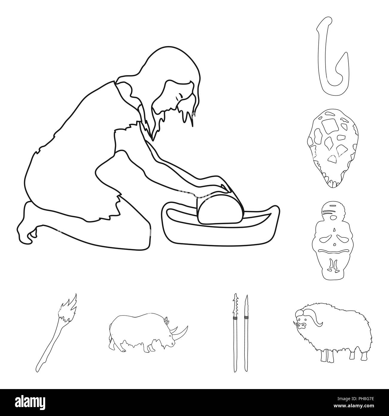 Life in the Stone Age outline icons in set collection for design ...